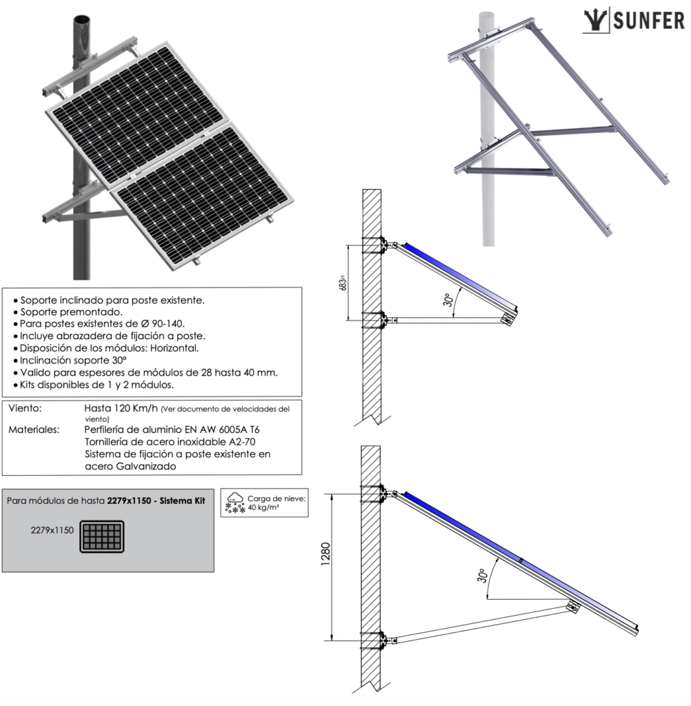 Estructura sobre Poste Placas Solares hasta 72 Células 17H | TeknoSolar.com