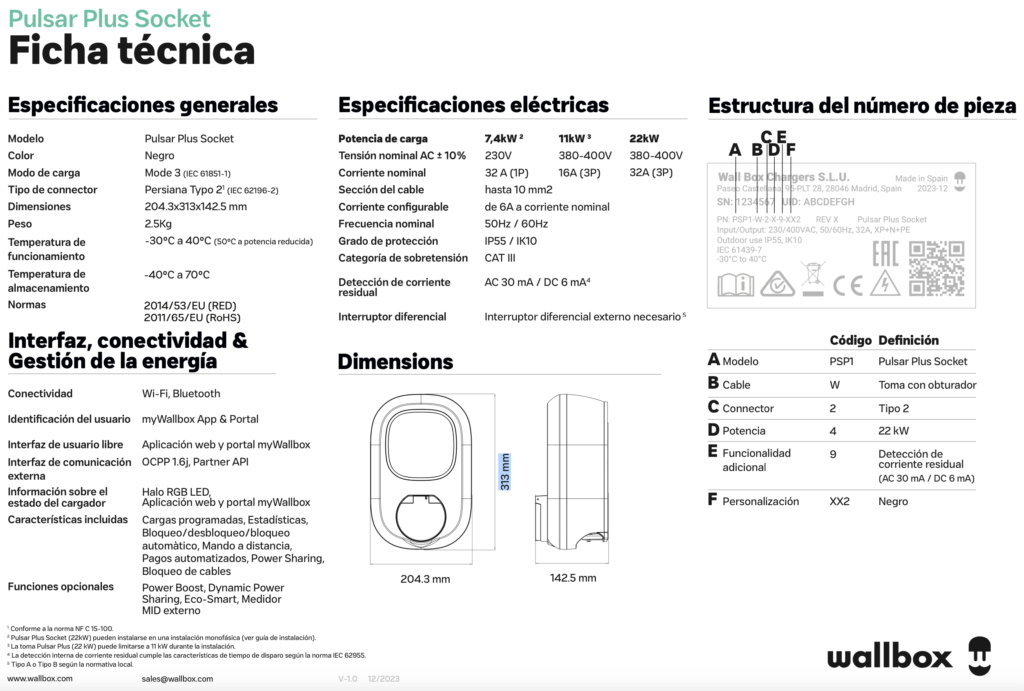 Cargador Wallbox Pulsar-Plus 22 kW Trifásico | TeknoSolar.com